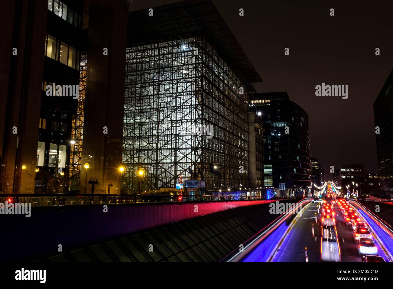 European union council building enlightened and traffic jam on the Rue ...
