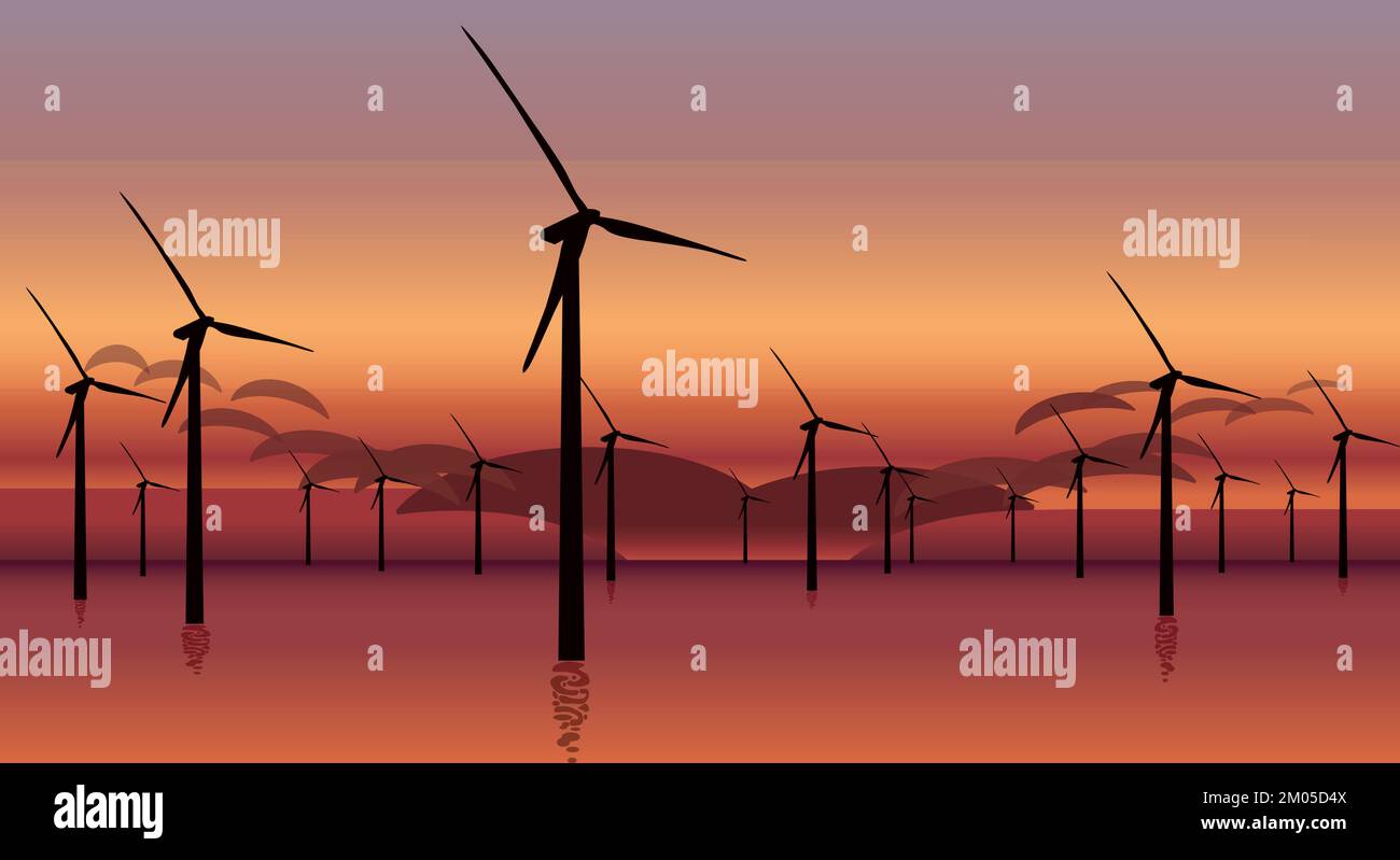vector image of wind turbines scattered in the red sea at sunset Stock ...