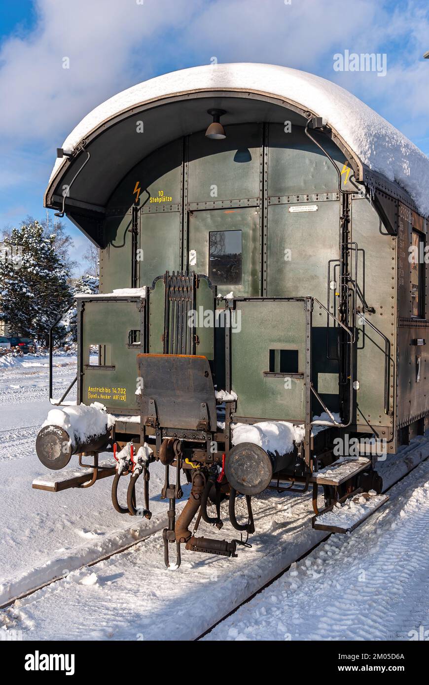 Historic passenger wagons on a track, Muensingen railway station ...