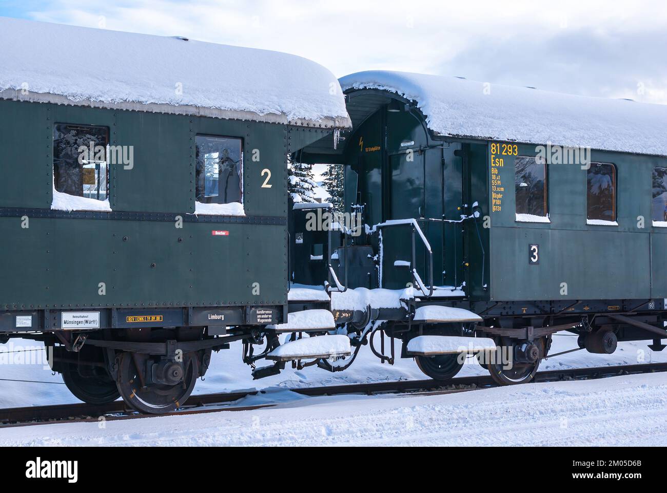 Historic passenger wagons on a track, Muensingen railway station ...