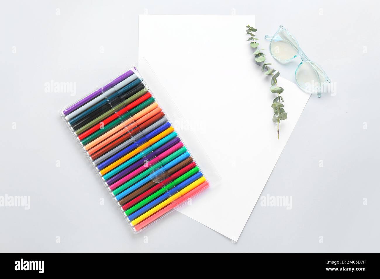 Blank paper sheets with felt-tip pens, eucalyptus branch and eyeglasses ...