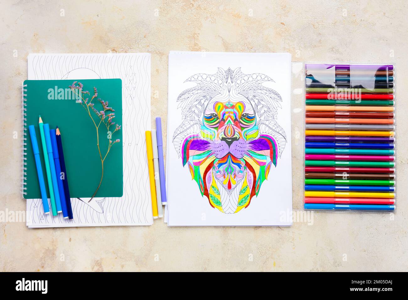 Coloring page, felt-tip pens, notebook and flower on grunge background ...