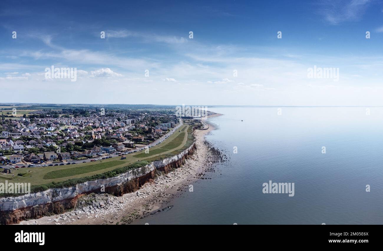 aerial view above the sea looking at the sea side town of Hunstanton in ...