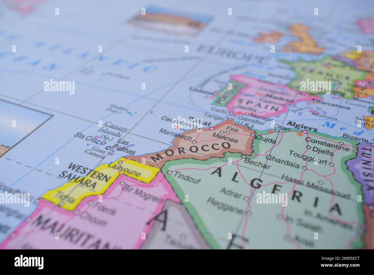 Morocco Country Name On The Political World Map Very Macro Close-Up ...