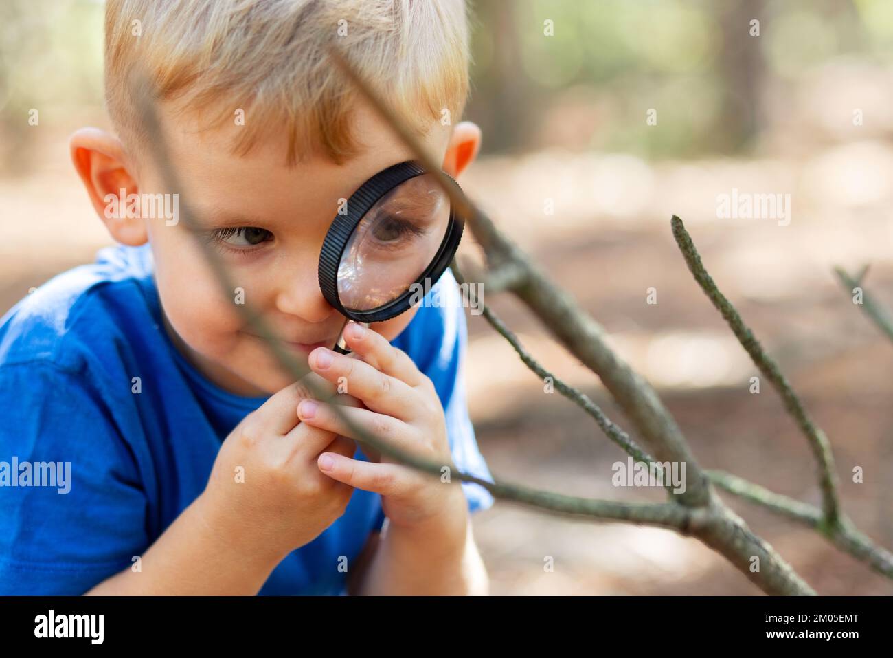 Curious boy is exploring nature with magnifying glass outdoors Stock ...