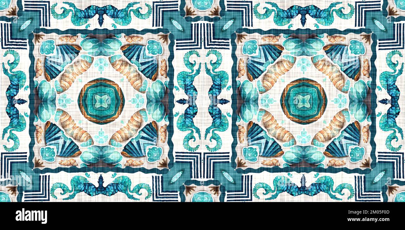 Teal beach house border in coastal style patchwork pattern. Modern ...