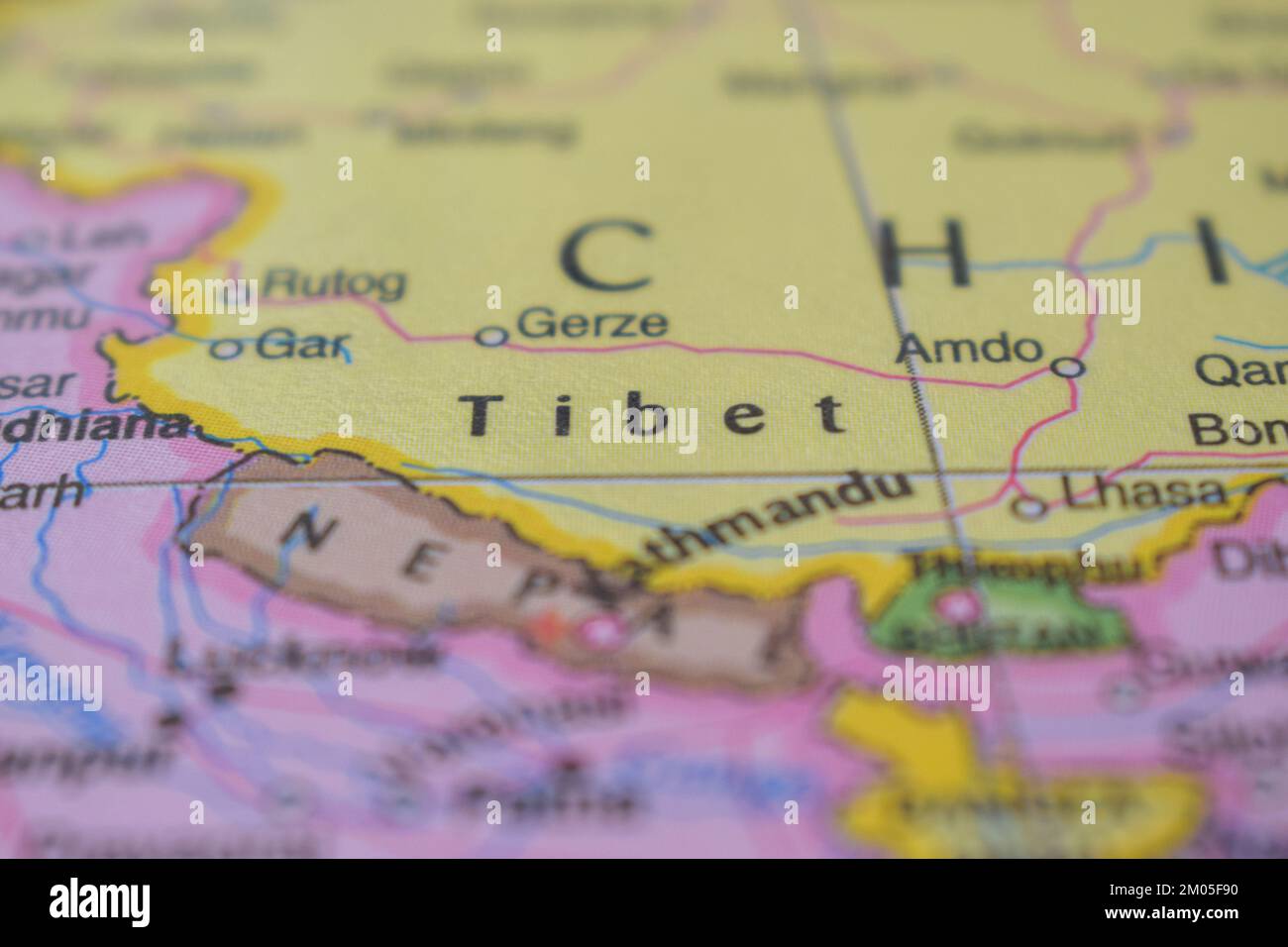 Tibet Country Name On The Political World Map Very Macro Close-Up View ...