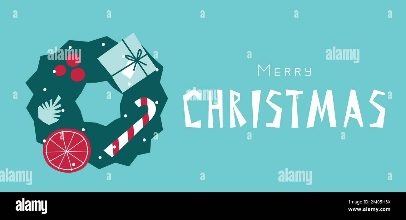 Vector flat illustration. Horizontal banner with Christmas wreath ...