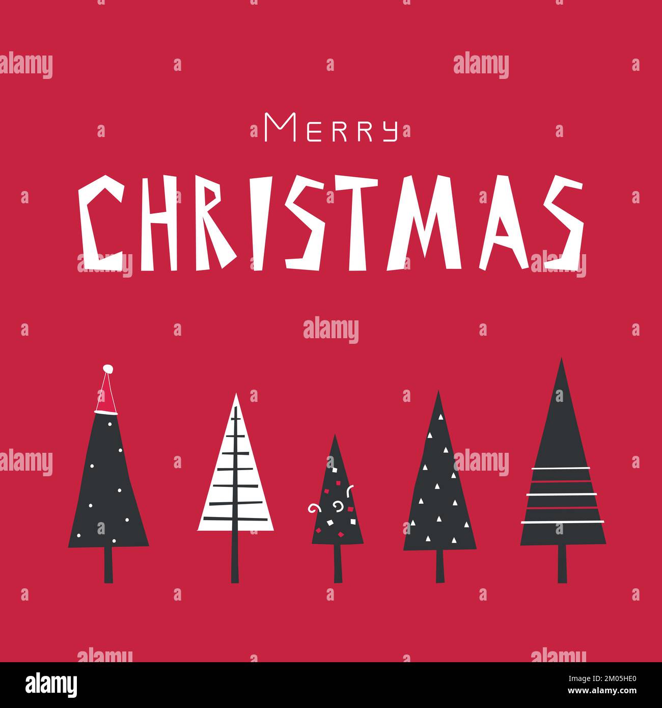 Vector illustration with flat forest. Five triangular black and white ...