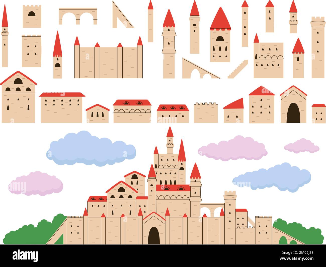 Medieval castle constructor. Castles roof tower, roman monument ...