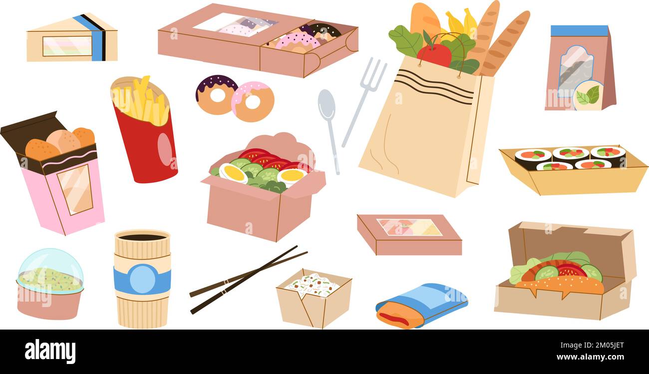 Take out food in paper boxes. Cardboard pack, lunch and dinner, fresh ...