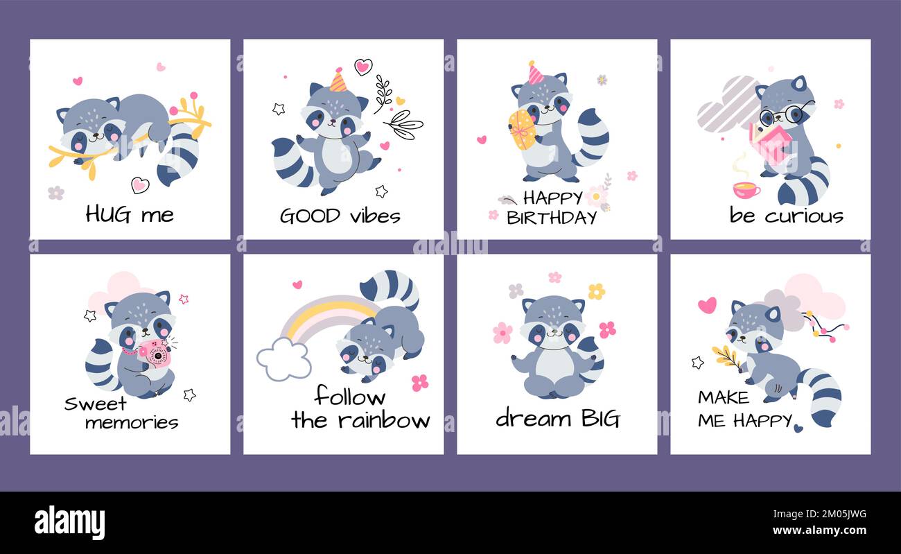 Cute raccoon characters postcards templates. Raccoons curious and funny ...