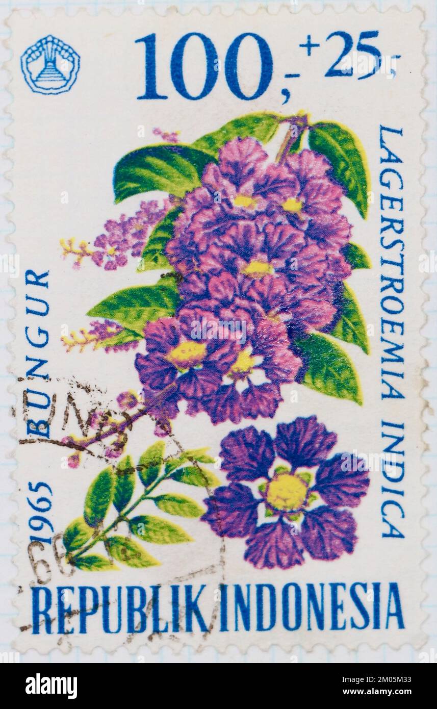Photo of a postage stamp from Indonesia Lagerstroemia indica flowers ...