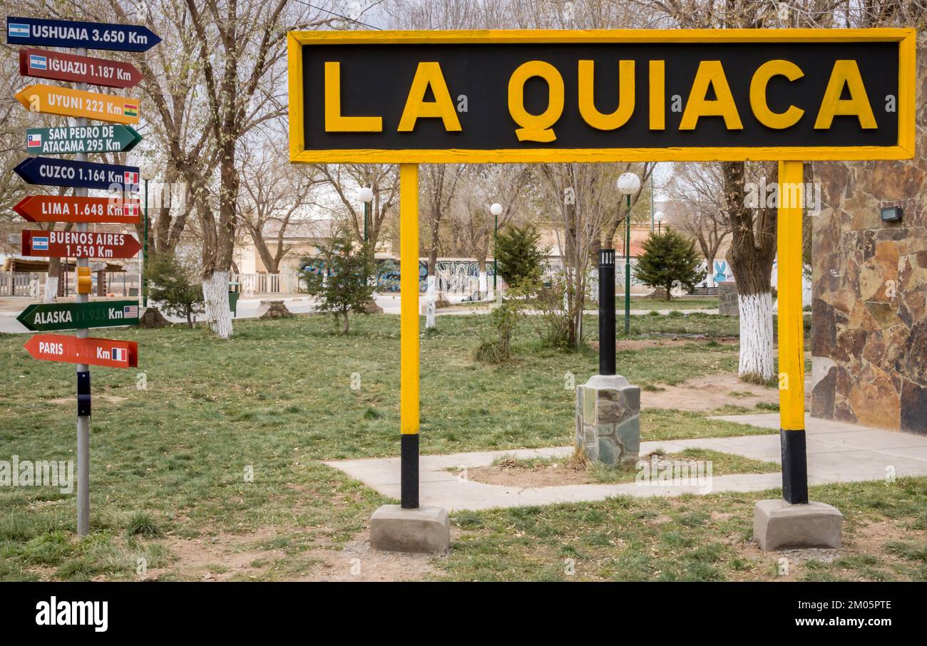 La Quiaca sign and distances to the world, Argentina Stock Photo - Alamy