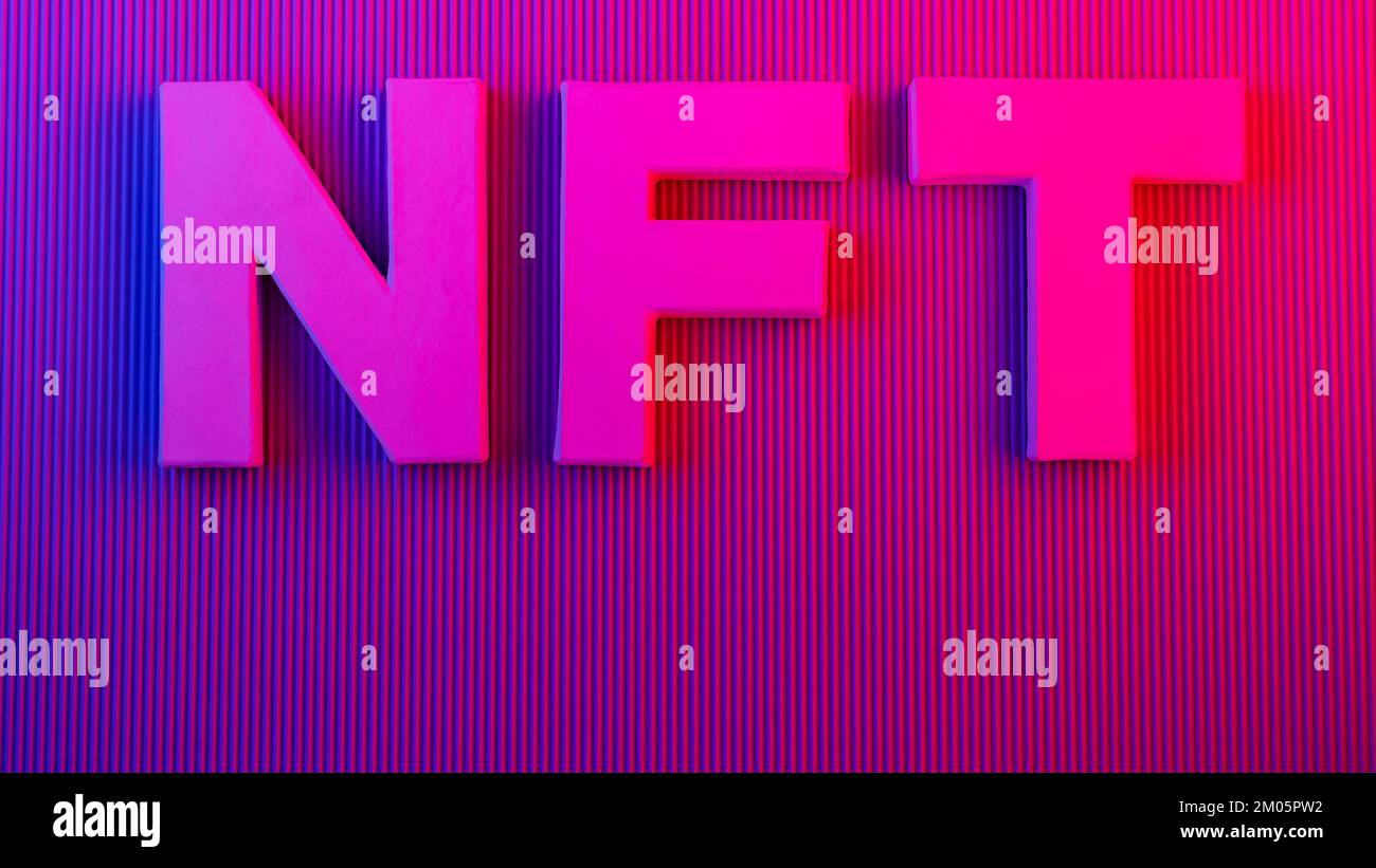 NFT non-fungible token on a neon pink-purple background. Crypto art ...