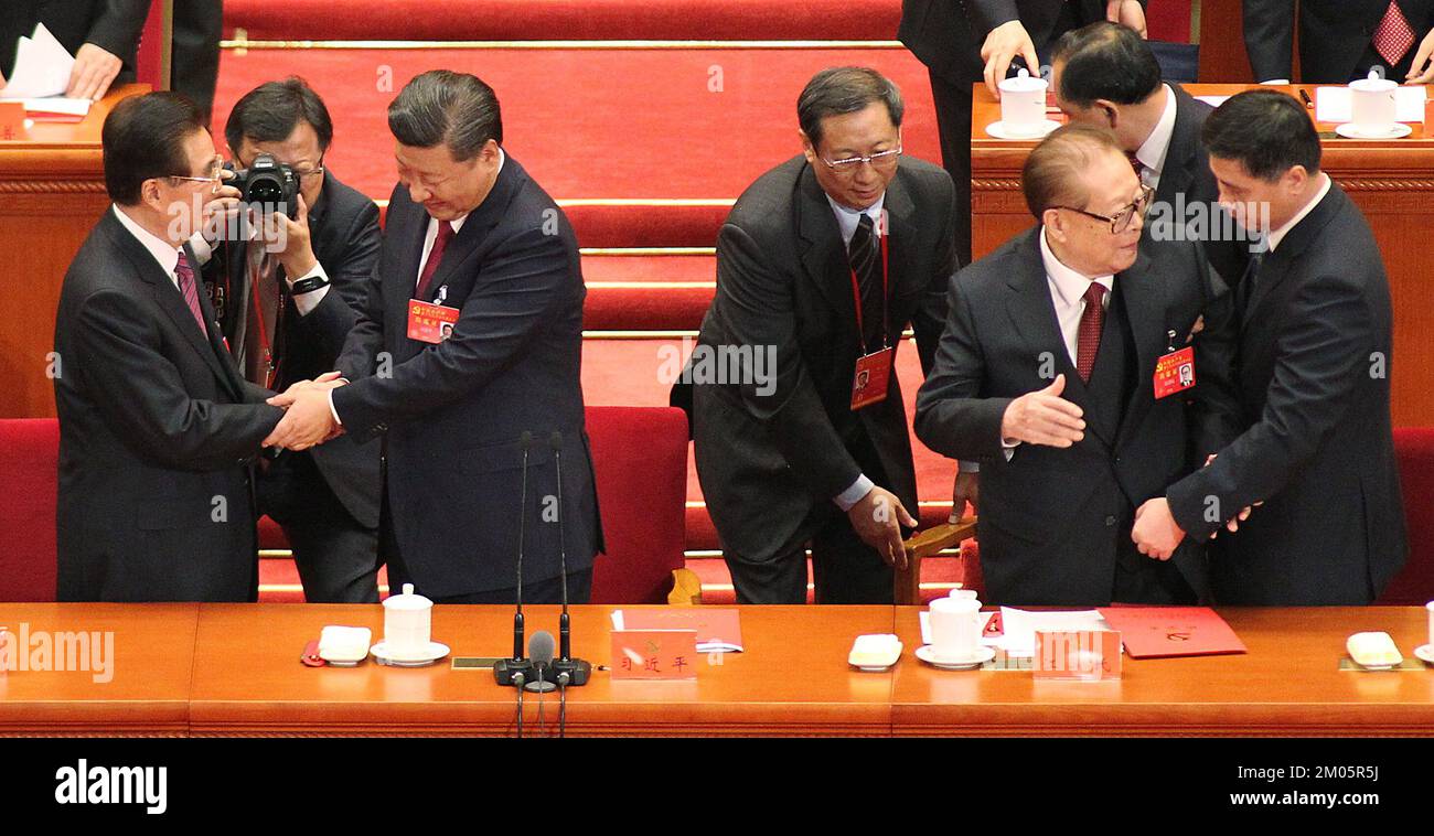 President Xi Jinping (3rd left) shakes with Hu Jintao (1st left), with ...