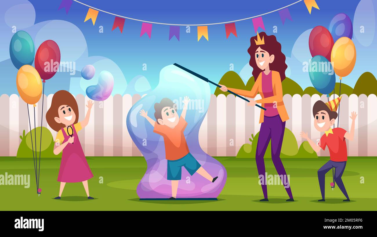 Liquids bubbles. Happy characters little kids playing with big soap ...