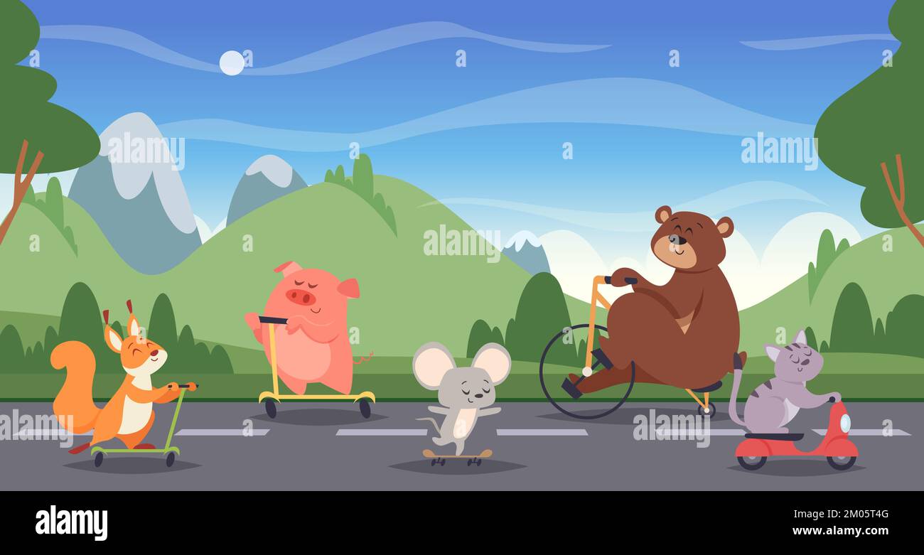Animals riding background. Cartoon template with funny animal in action ...