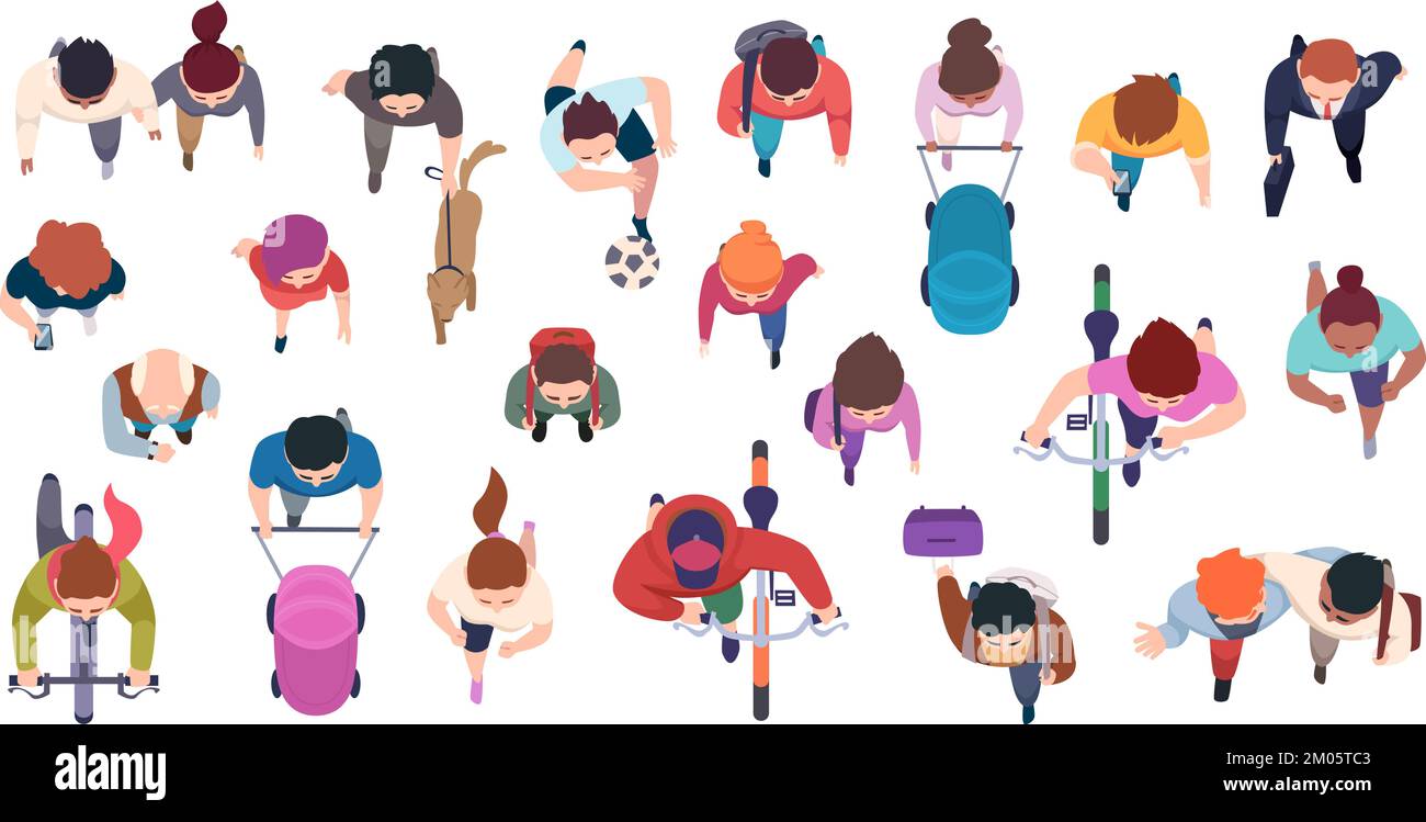 Walking characters. Top view persons walking in different action poses ...