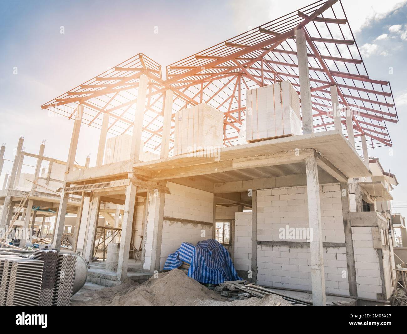 construction residential new house in progress at building site Stock ...