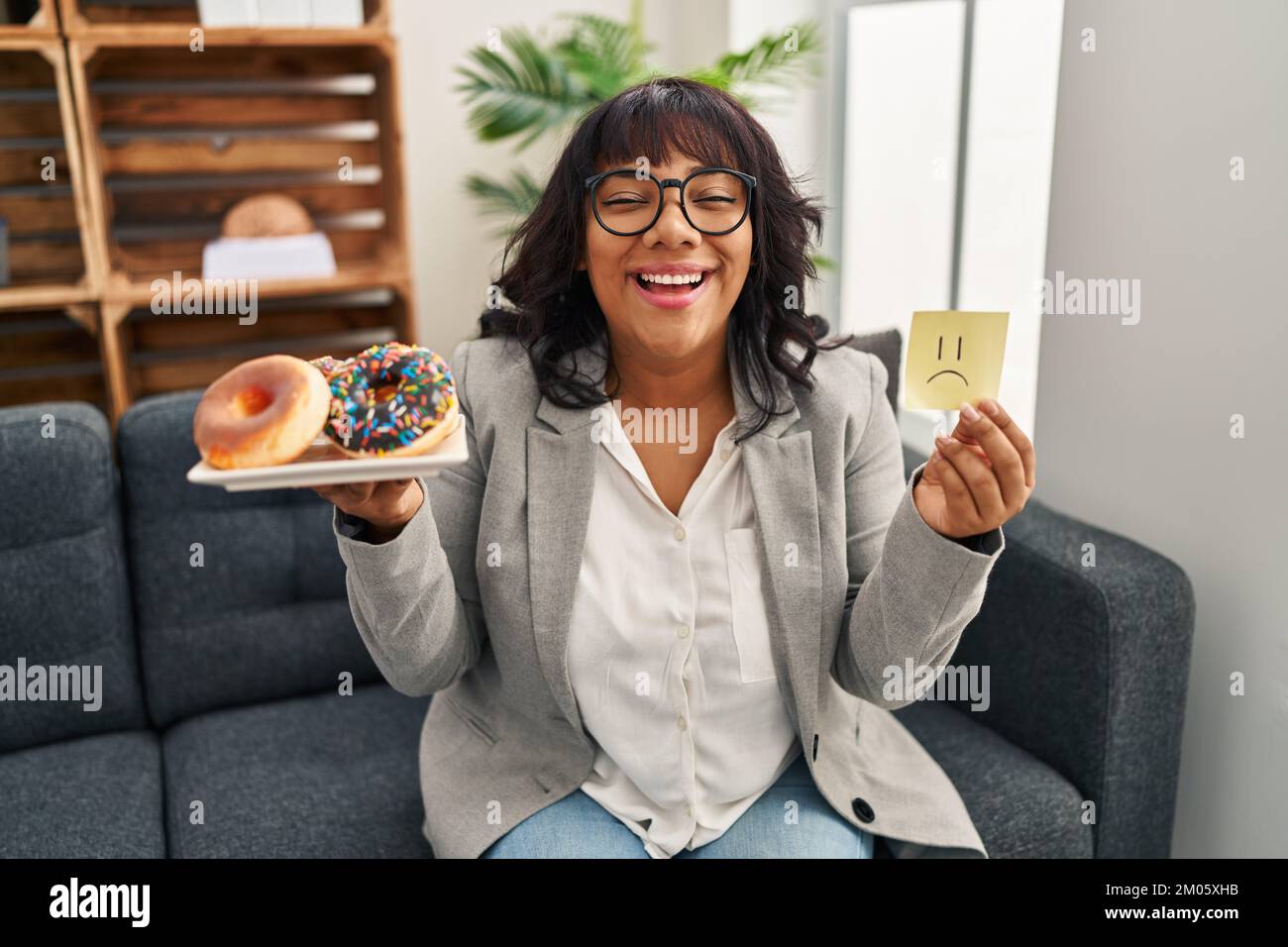 Hispanic therapist woman working on eating disorder smiling and ...