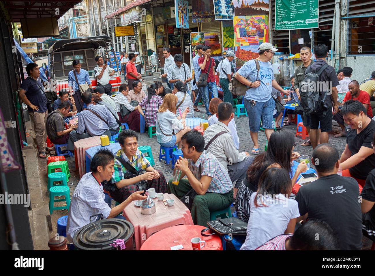 Customers in a Street Cafe in Yangon Myanmar Stock Photo - Alamy