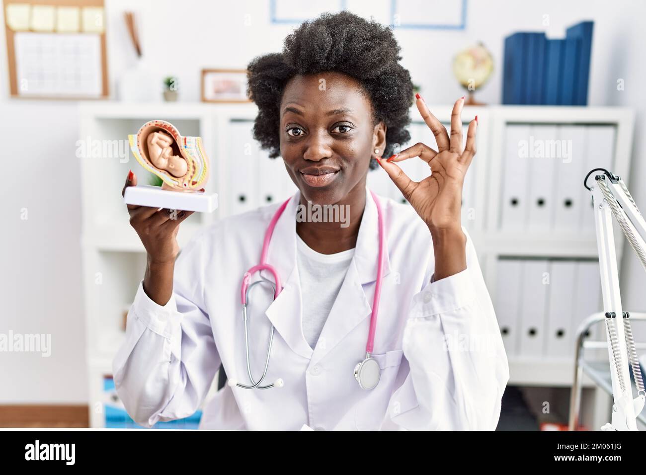 African doctor woman holding anatomical model of female uterus with fetus doing ok sign with ...