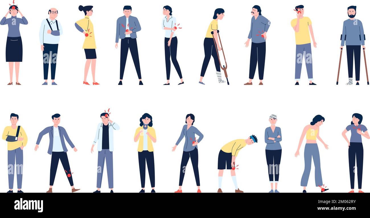 Pain and injured points on people body. Painful knee, ill patient with ...