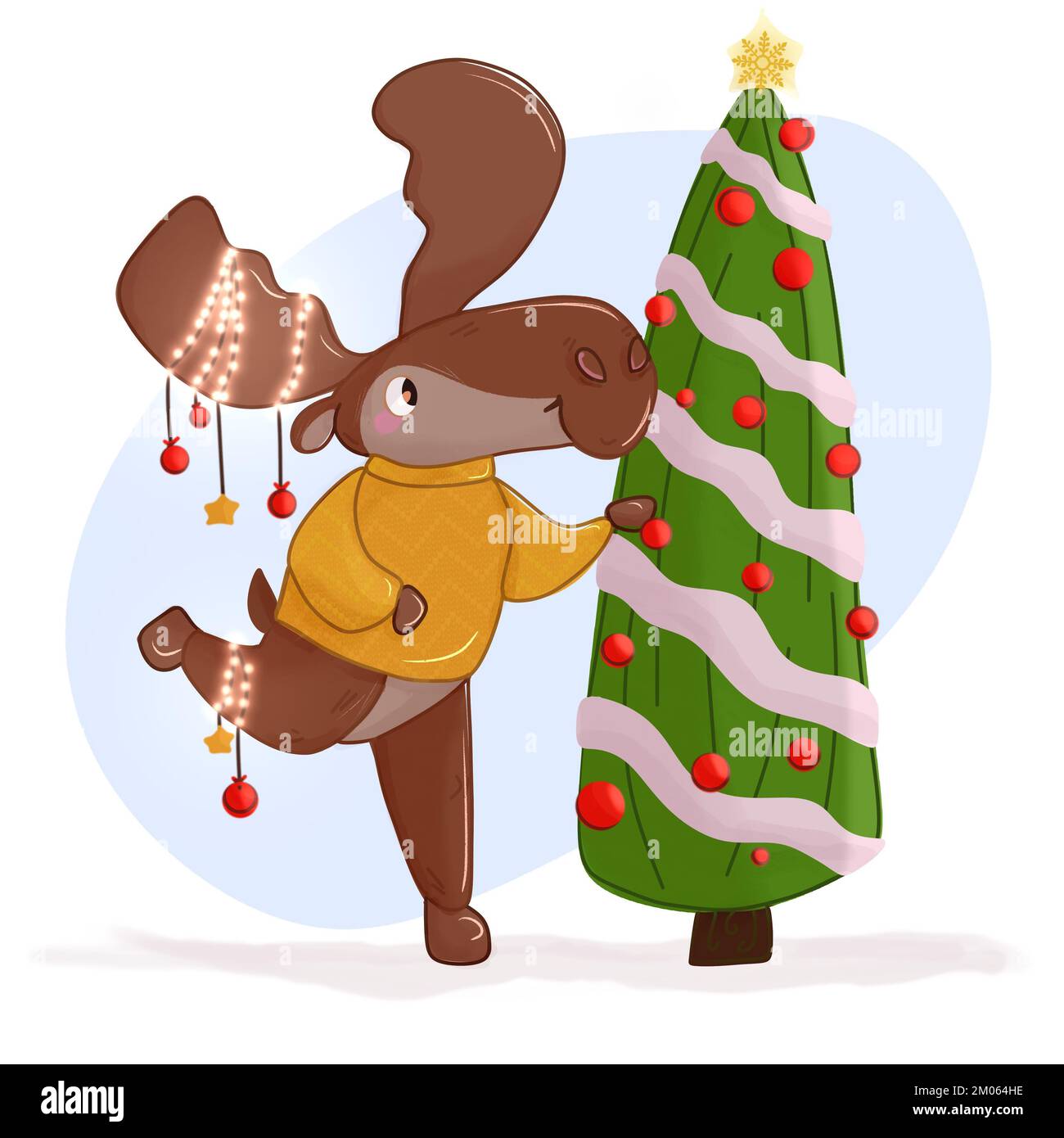 Hand-drawn Moose hanging ornaments on a Christmas tree. Sketch and ...