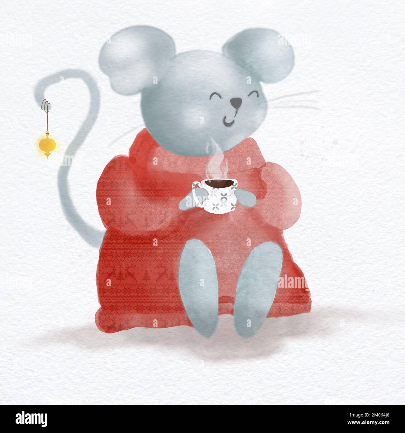 Watercolor painting of cute mouse drinking hot cocoa during christmas ...