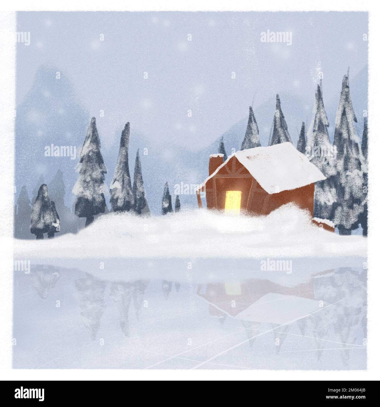 Christmas eve stylized house in the winter scenery with snow and cozy ...