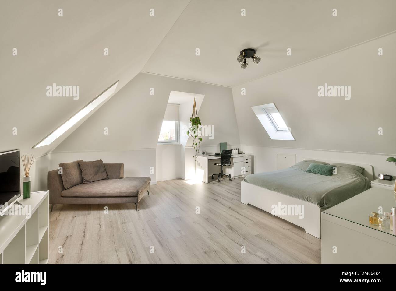 Interior of contemporary bedroom with white walls and open bathroom in ...