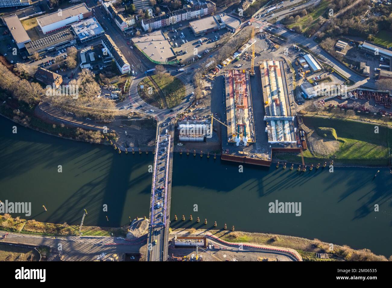 Aerial view, Duisburg harbor and Karl Lehr bridge and construction site ...