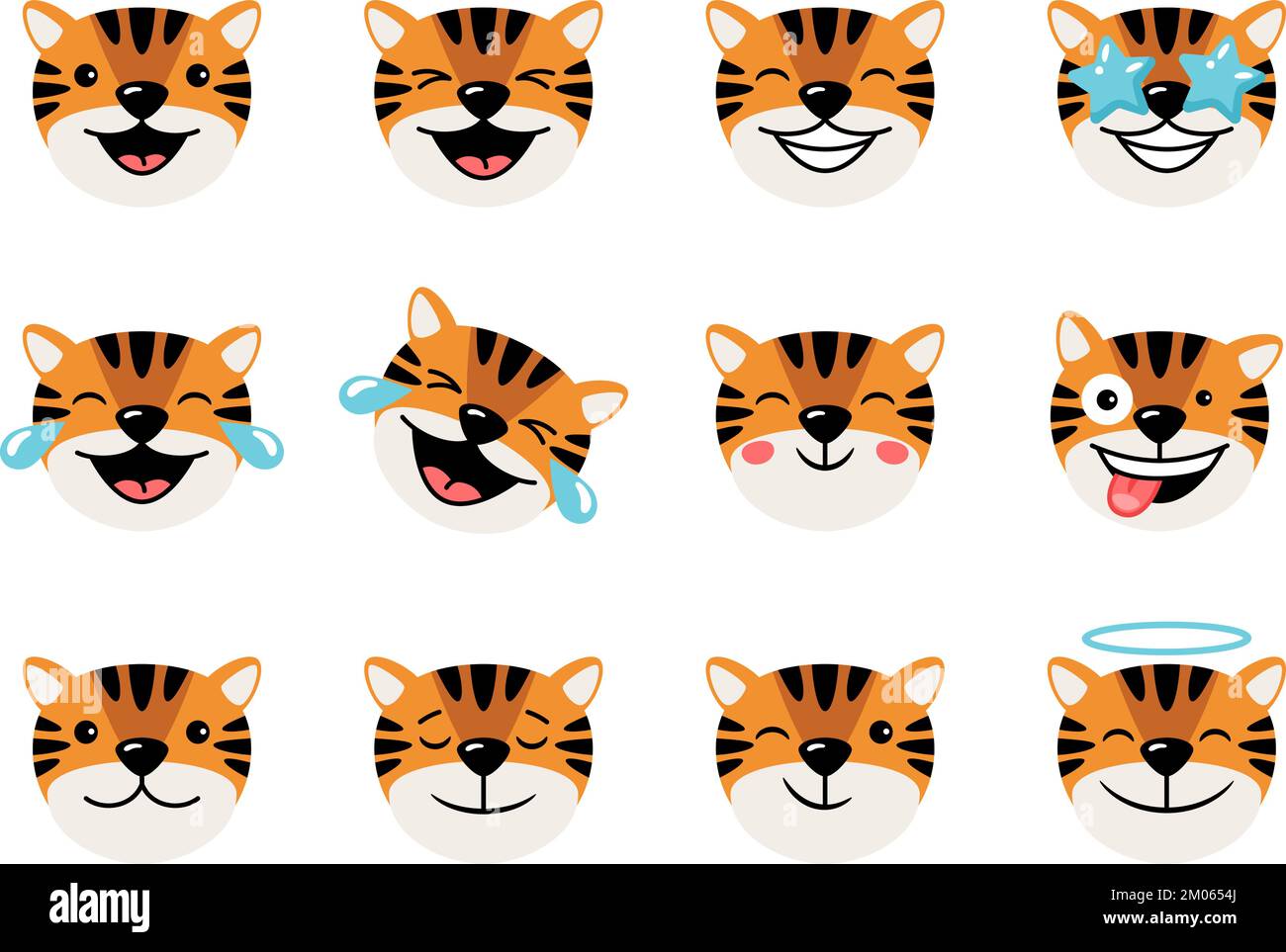 Cheerful joyful tigers heads with emoticons, cartoon characters ...