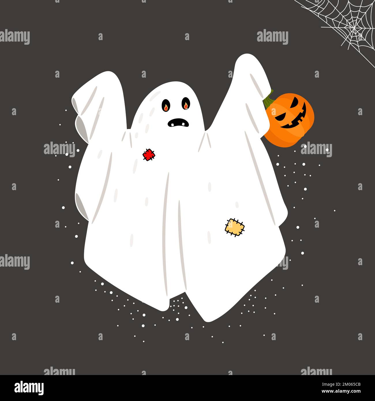 Magic cloth Ghost with cartoon scary spooky face. Cute flying phantom ...