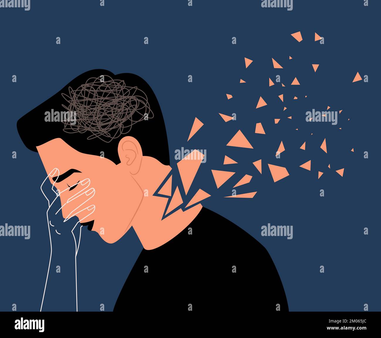 Upset adult man with confused thoughts holds the head with her hand ...