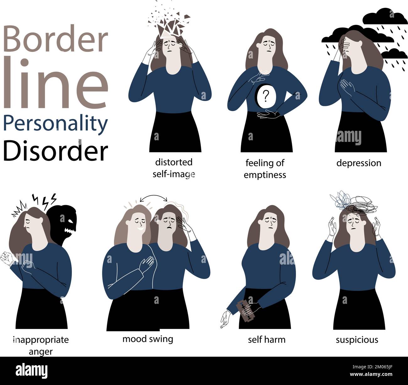 Set of vector illustrations of a woman suffering from mental borderline ...
