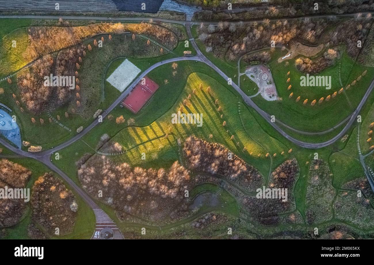 Aerial view, Krupp Park in evening light in Westviertel in Essen, Ruhr ...