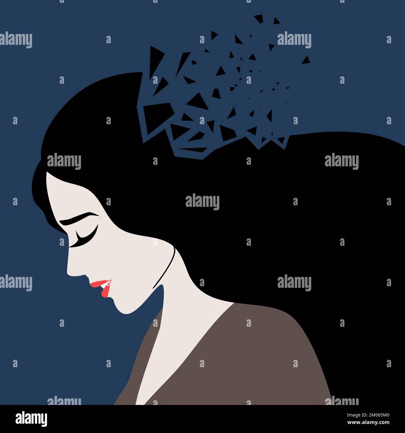 Vector illustration of an adult woman broken into many fragments which ...