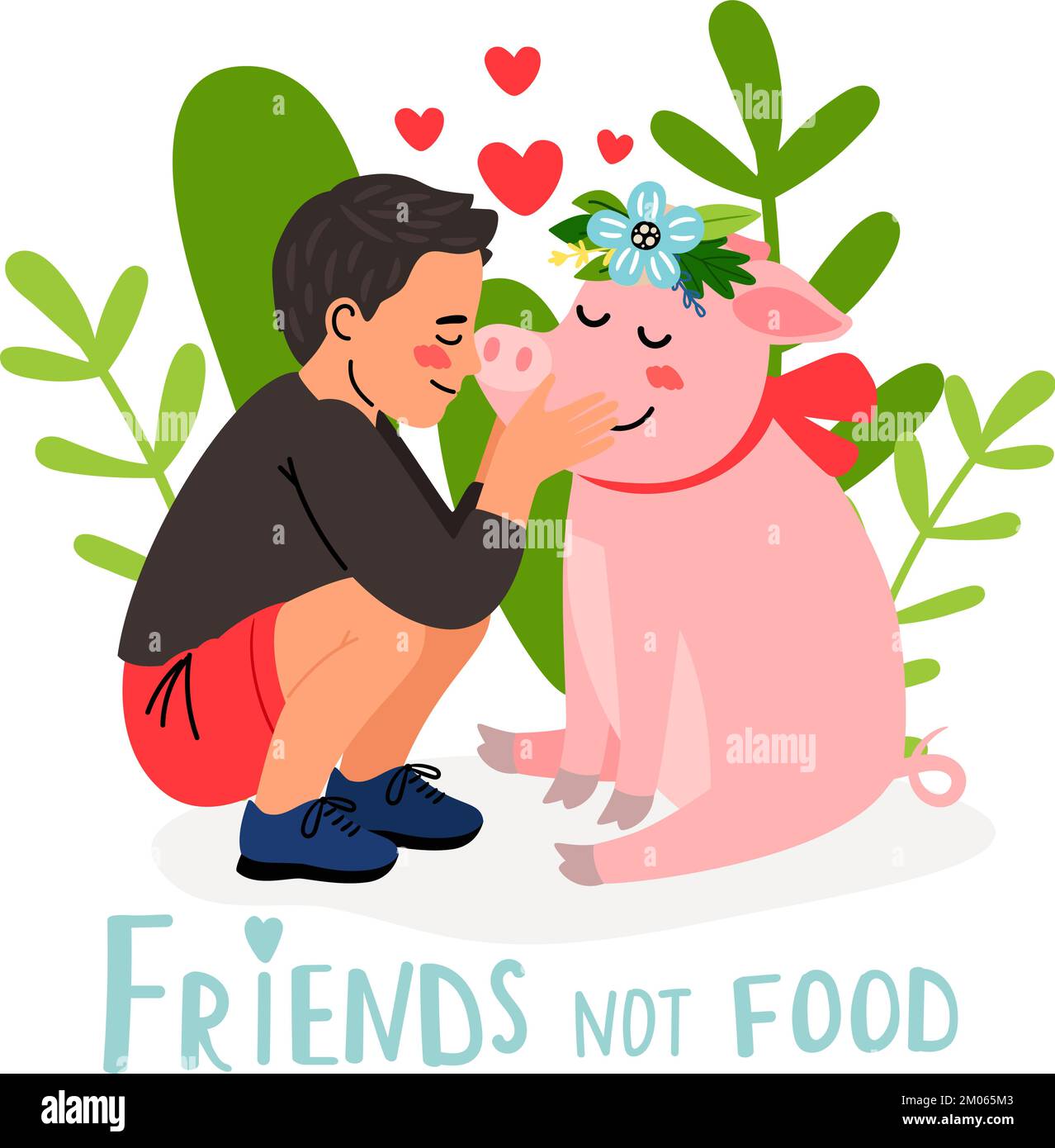 Little kind boy shows his love to animals and hugging a piglet. Nature ...