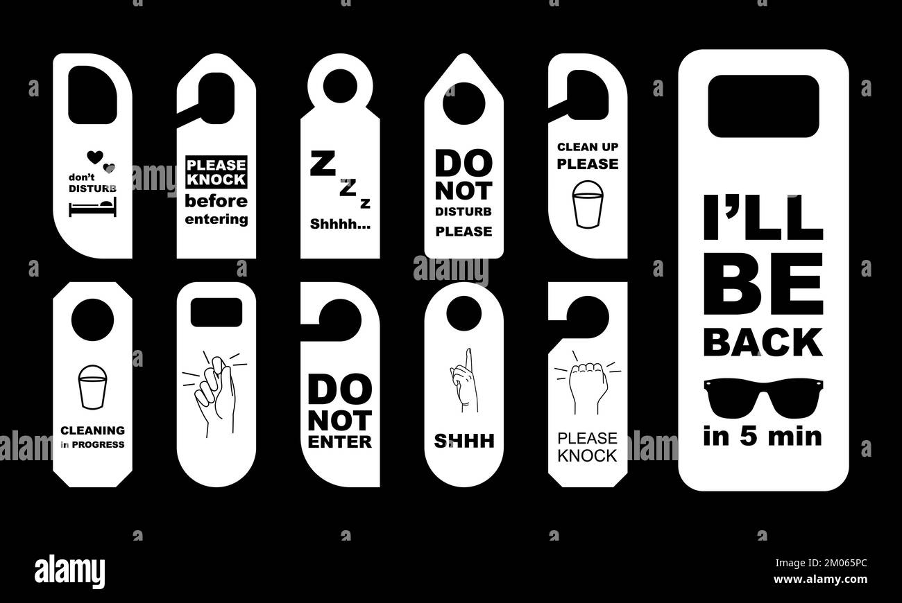 White different door handle hanger set. Room hotel hanger sign icons ...