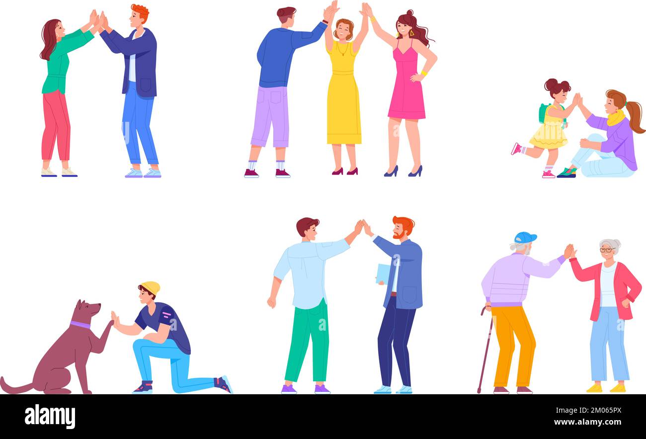 Giving high five. Friends give 5, buddy hi greetings gesture employee ...