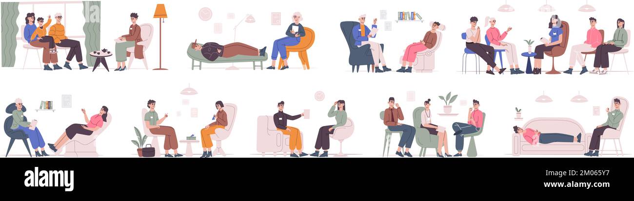 People at psychotherapist. Person sitting on chair psychologist, group ...