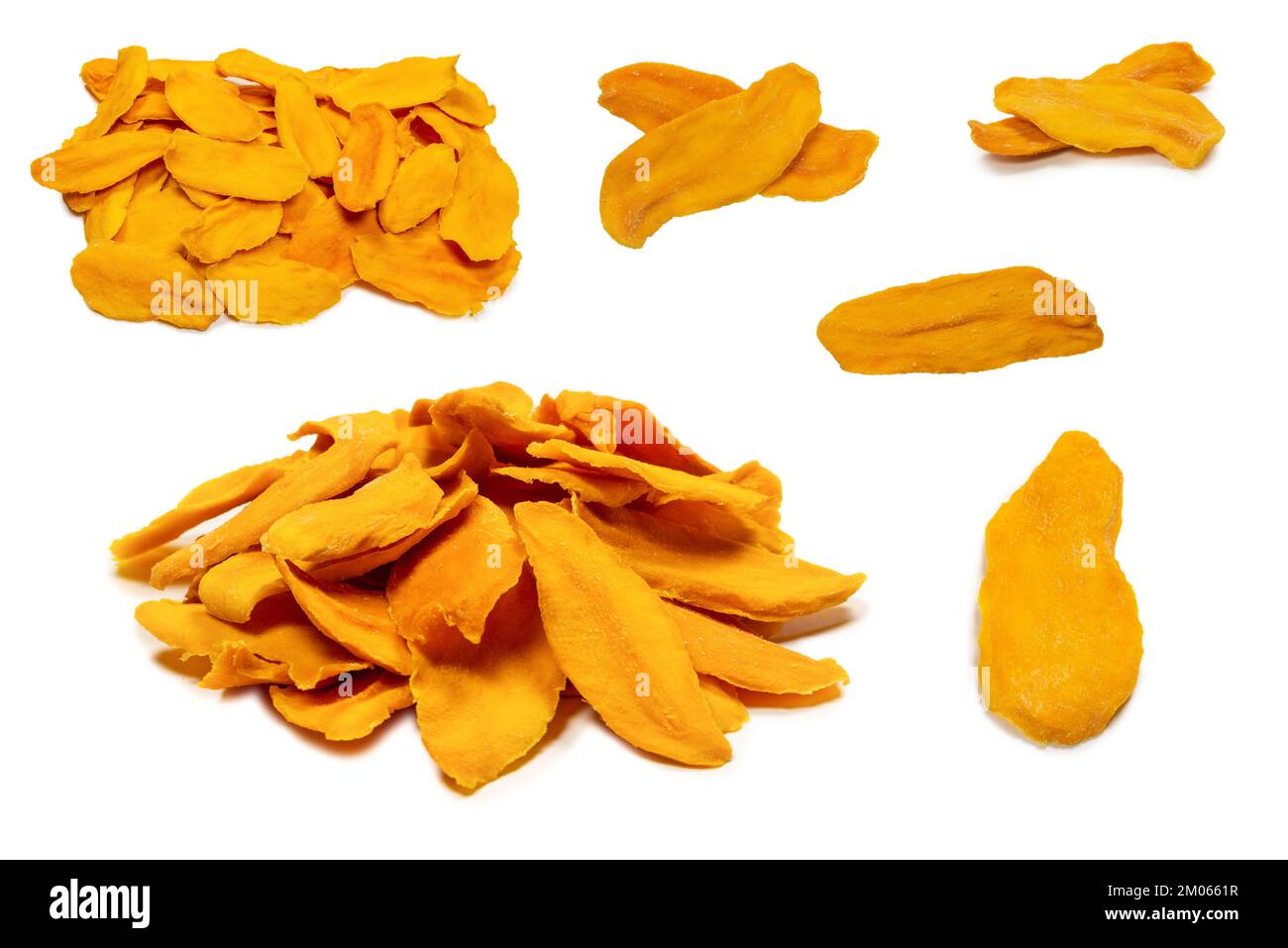 Dry tasty mango slices isolated on a white background. Top view Stock ...