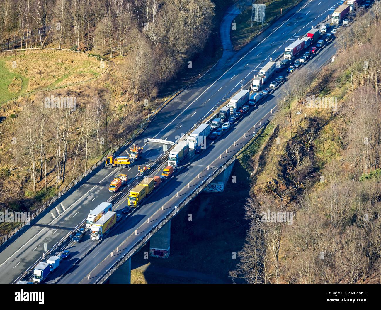 Aerial view, truck traffic jam on the Sterbecke viaduct in front of the ...