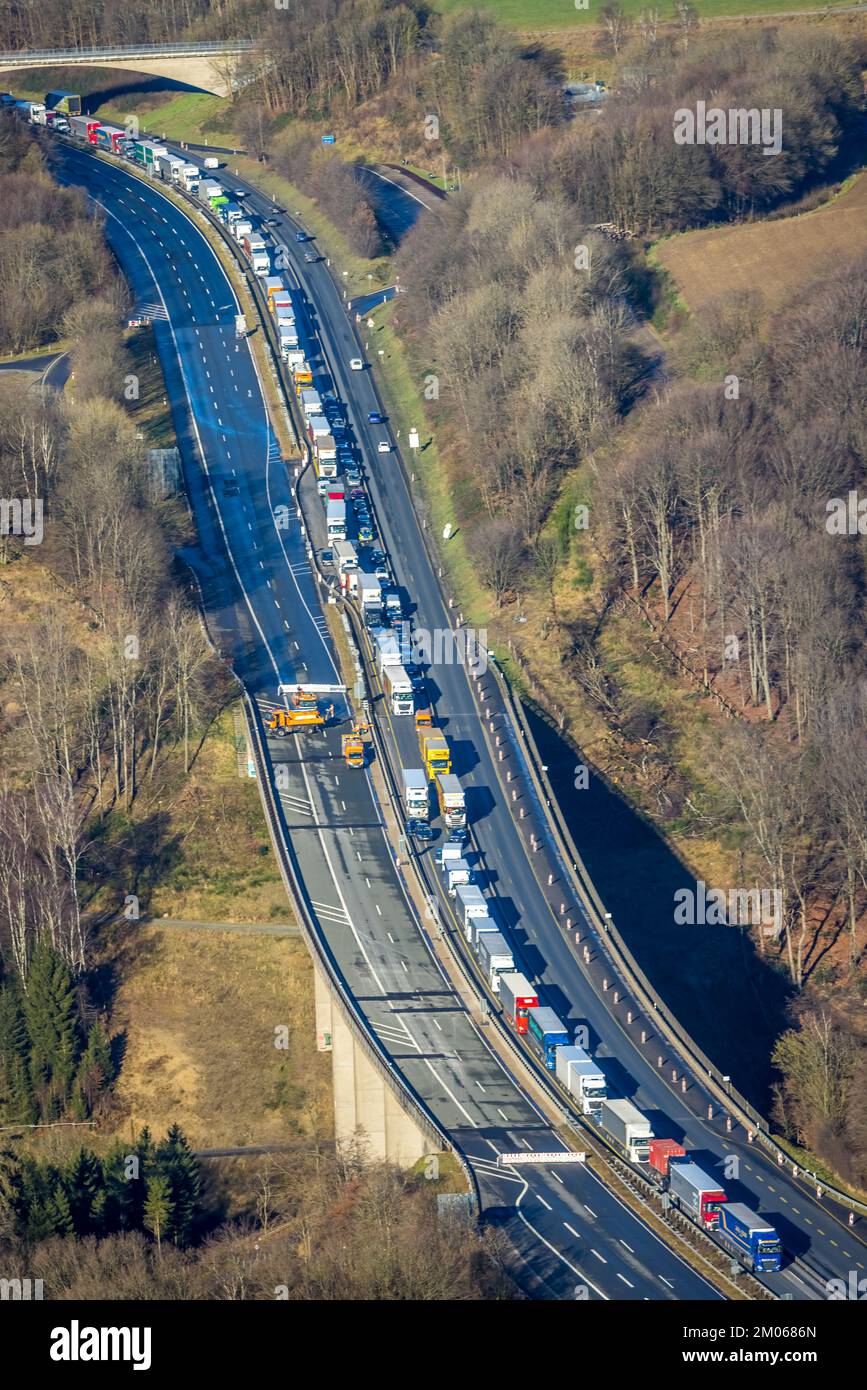 Aerial view, truck traffic jam on the Sterbecke viaduct in front of the ...