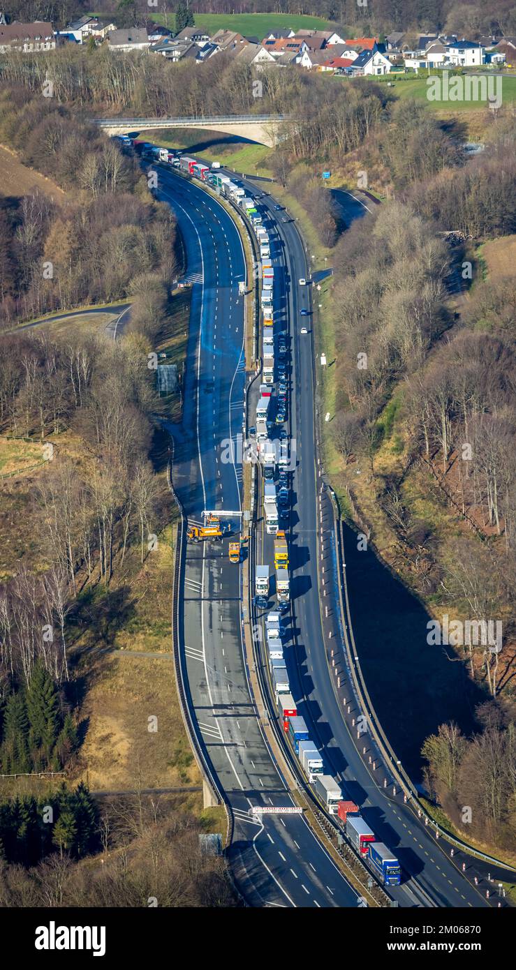 Aerial view, truck traffic jam on the Sterbecke viaduct in front of the ...
