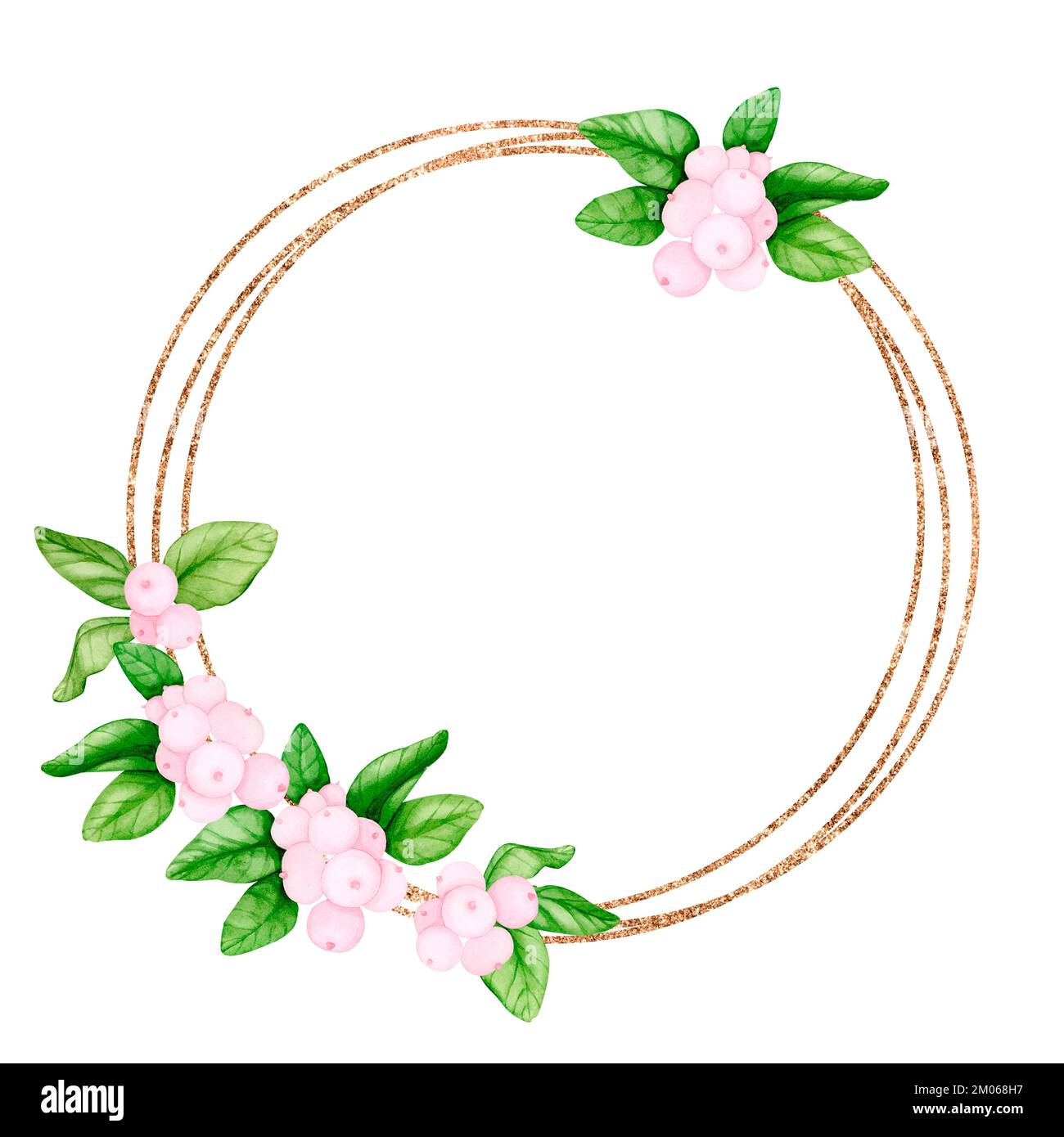 Elegant round golden frame with greenery and pink berries. Template for ...