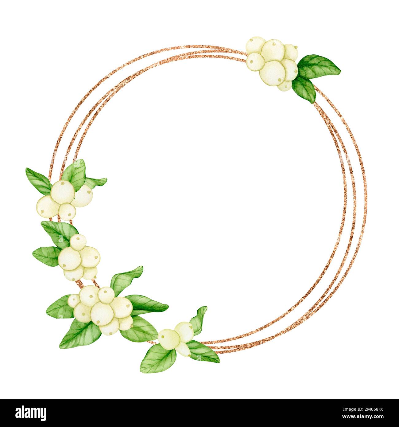Elegant round golden frame with greenery and white berries. Template ...