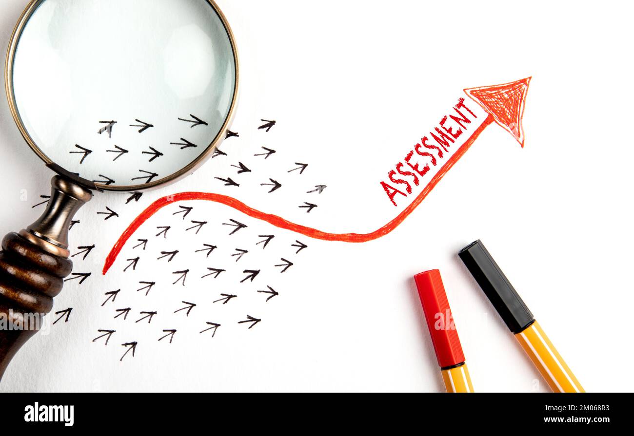 Assessment. Development arrow and followers. Magnifying glass on a ...